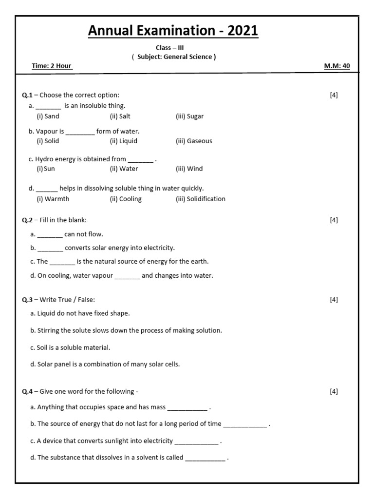 Class III General Science Exam 2021 | PDF | Water | Solubility