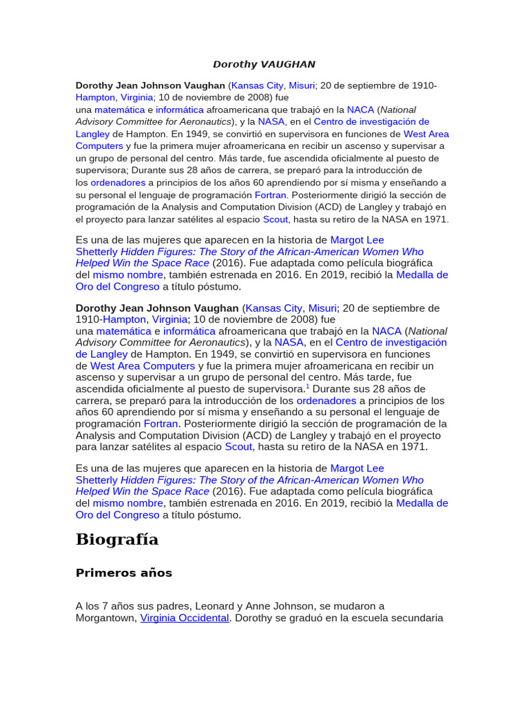 Dorothy Vaughan: Pionera en NASA | PDF | Nasa