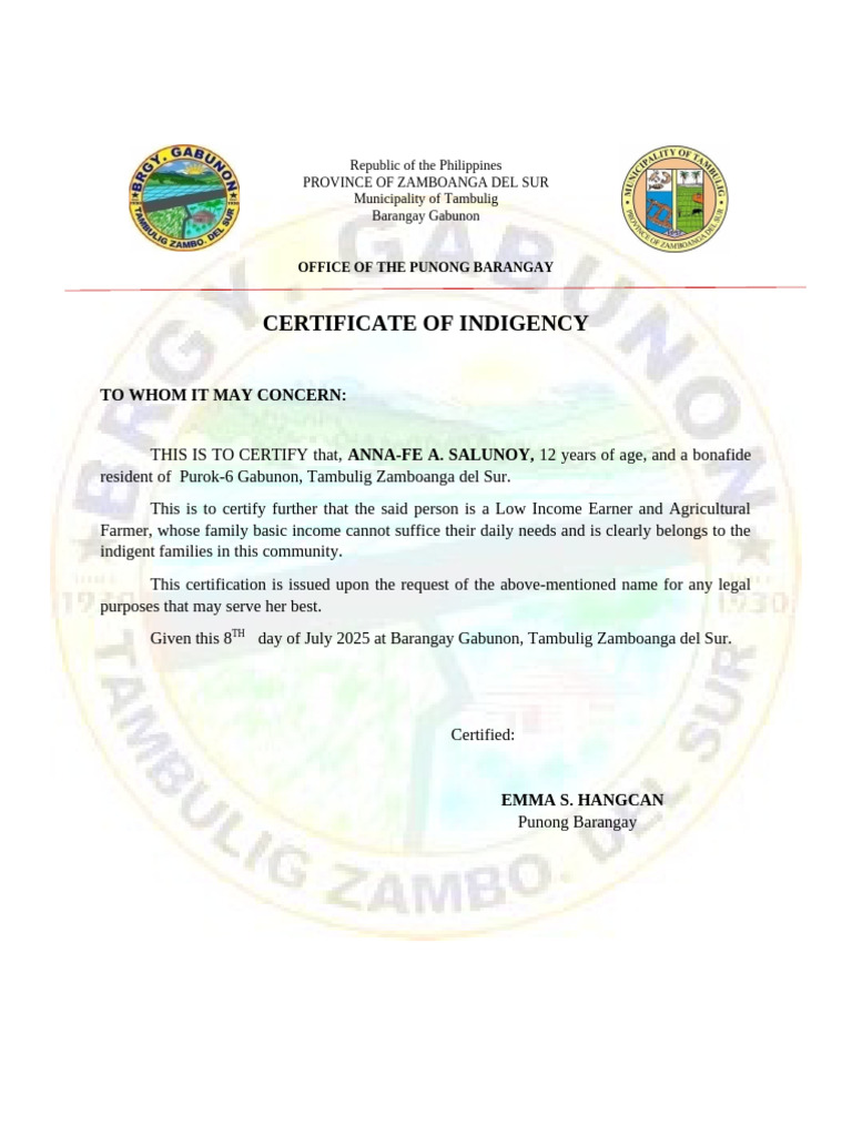 Certificate of Indigency For Transportation Allowance | PDF