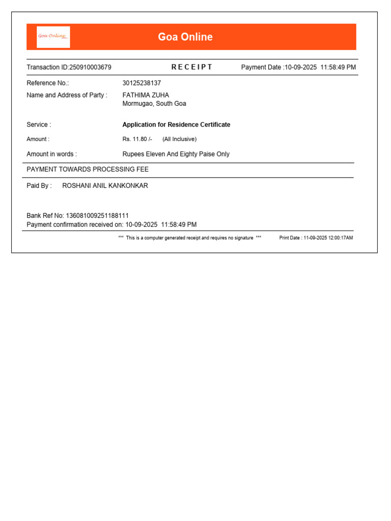 Goa Online: Receipt | PDF