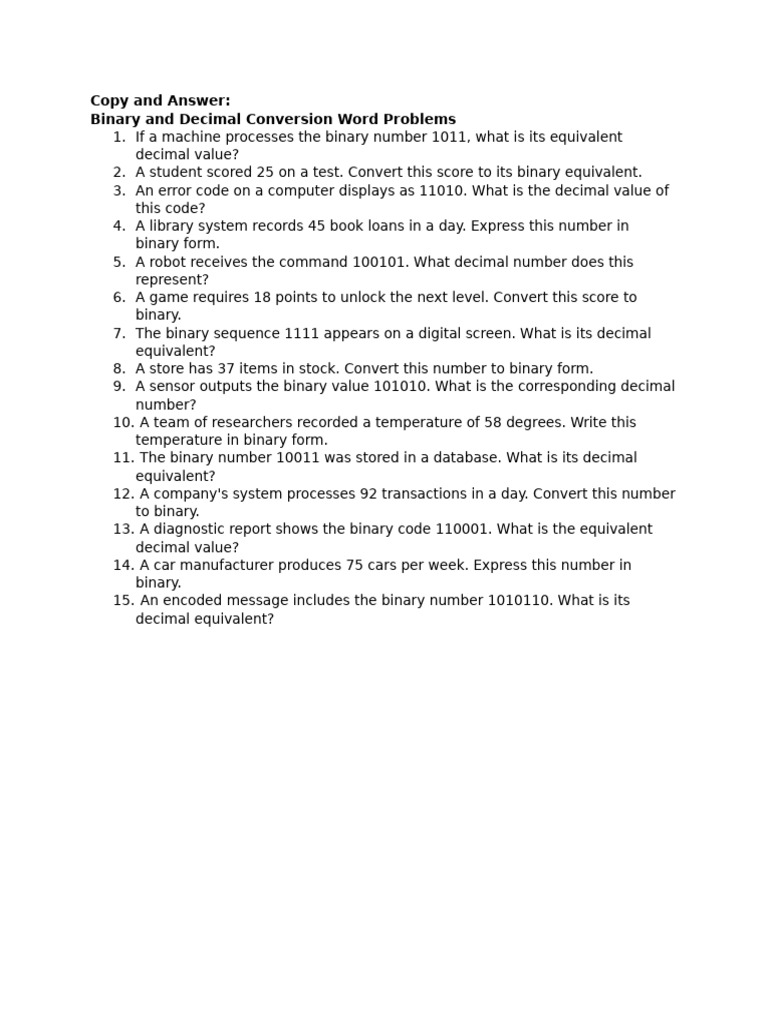 Binary to Decimal Conversion Problems | PDF