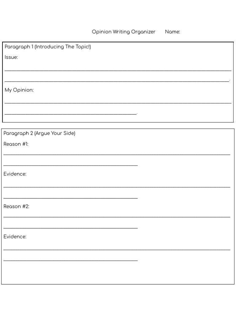 Opinion Writing Organizer Name: Paragraph 1 (Introducing The Topic ...