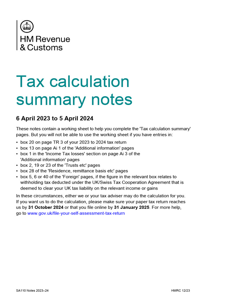 SA110 Tax Calculation Summary 2023-24 | PDF | Taxes | Dividend