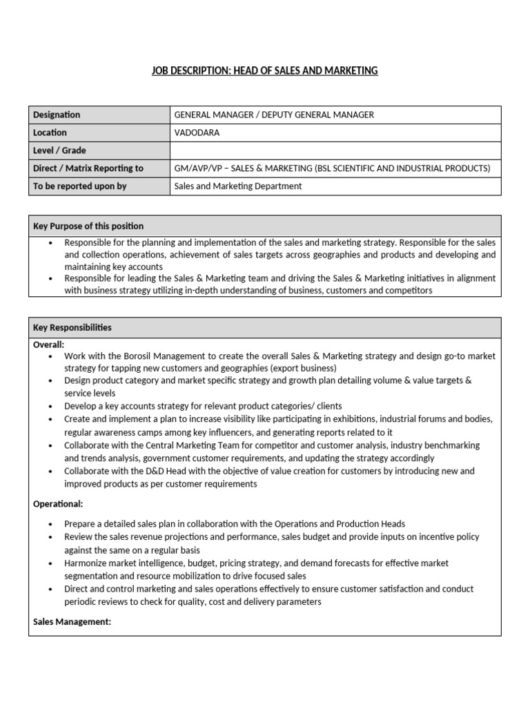 Head of Sales & Marketing Role Overview | PDF | Marketing | Customer ...