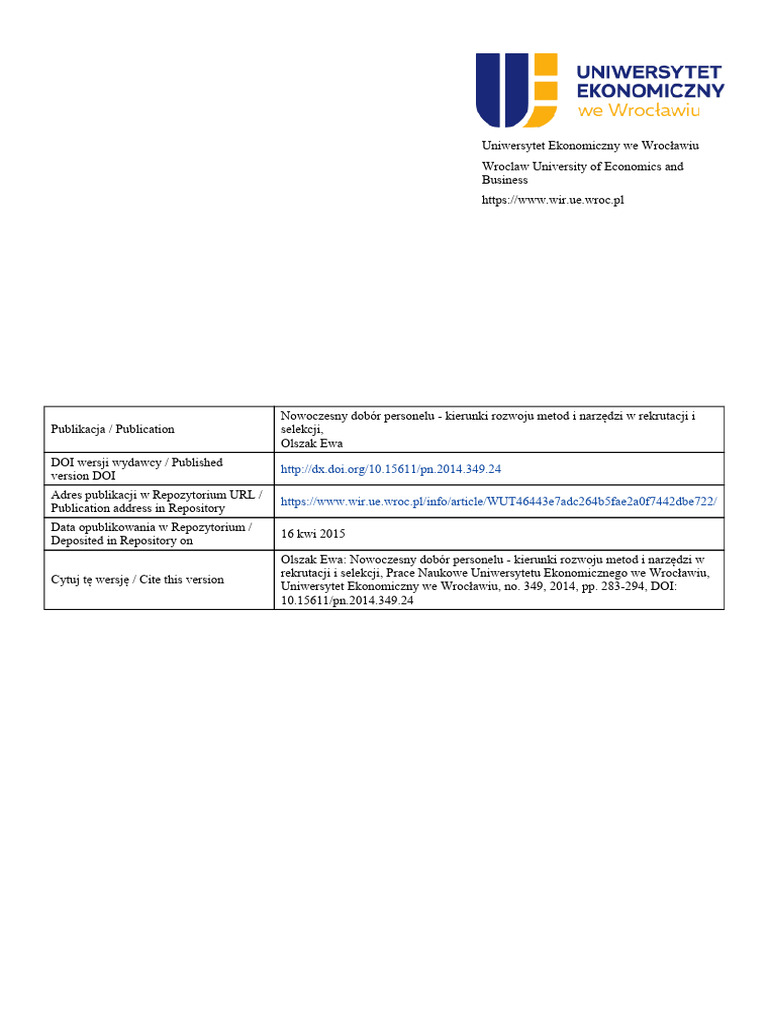 Olszak Nowoczesny Dobor Personelu Kierunki Rozwoju | PDF