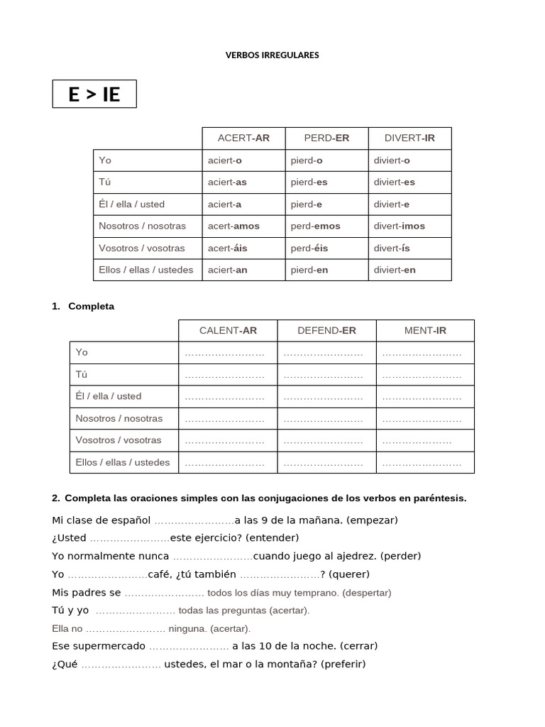 Ejercicios de verbos irregulares | PDF | Verbo