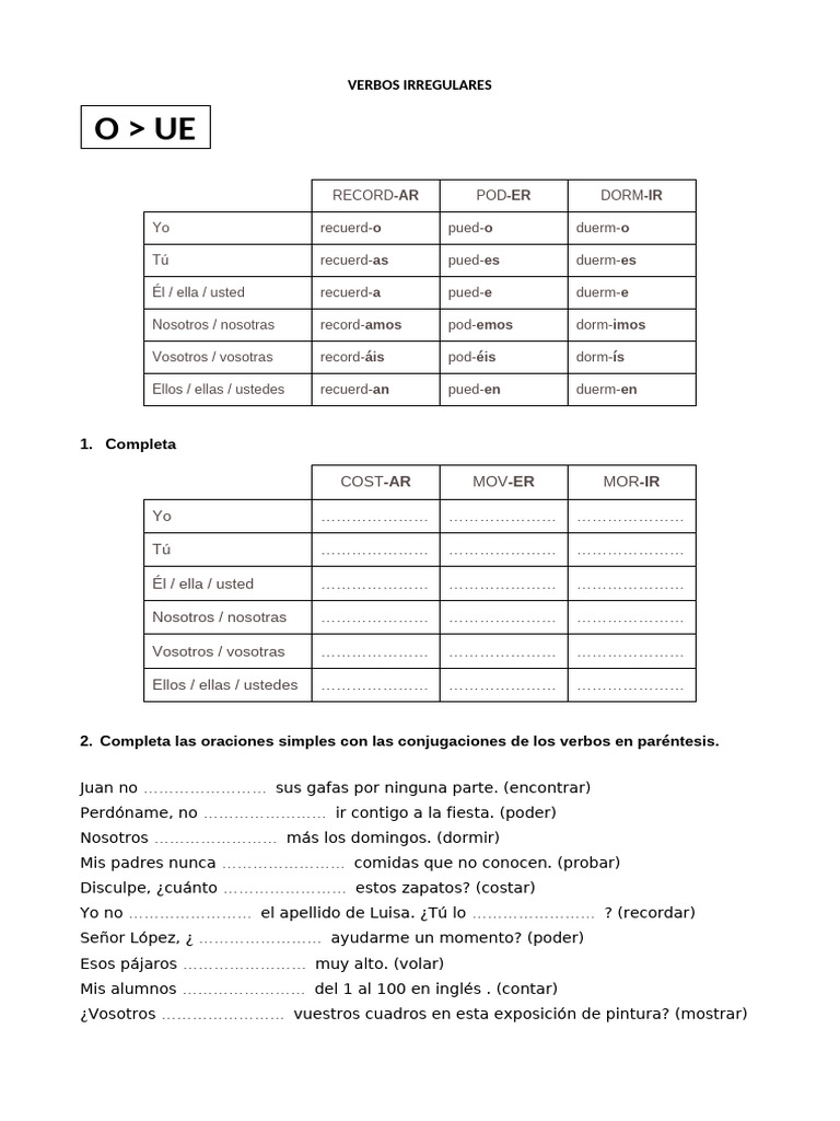 Verbos Irregulares en Español: O > UE | PDF