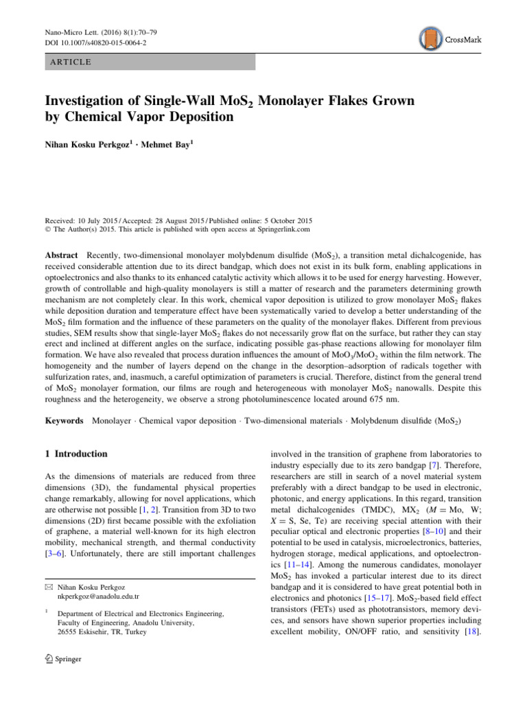 Investigation of Single-Wall MoS2 Monolayer Flakes Grown by Chemical ...