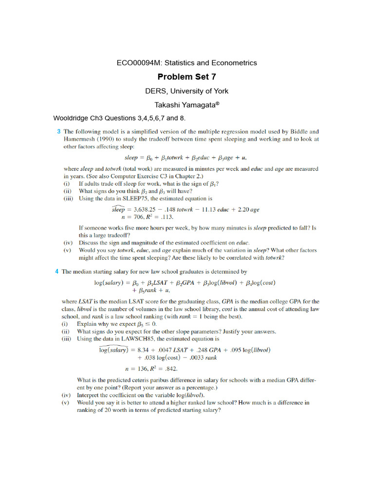 Problem Set 7: ECO00094M: Statistics and Econometrics DERS, University ...