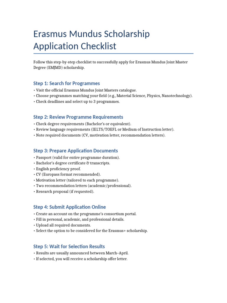 Erasmus Mundus Application Checklist | PDF