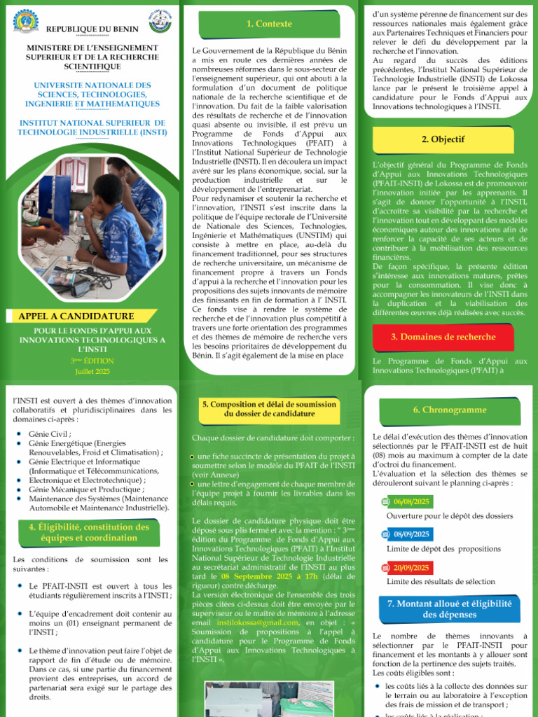 Appel A Candidature Pour Le Fonds D'appui Aux Innovations Technologiques A L'insti 2025 | PDF