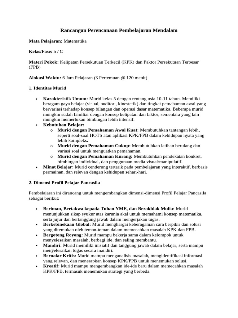 Rancangan Perencanaan Pembelajaran Mendalam | PDF