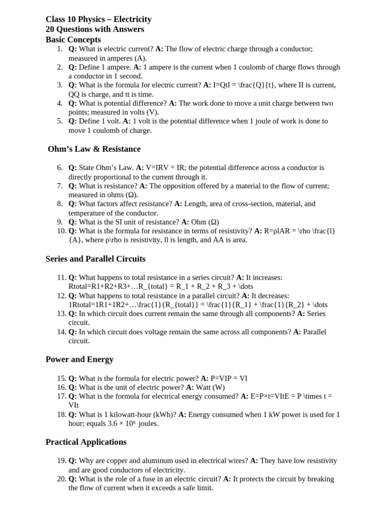 Class 10 Electricity Notes | PDF | Volt | Voltage