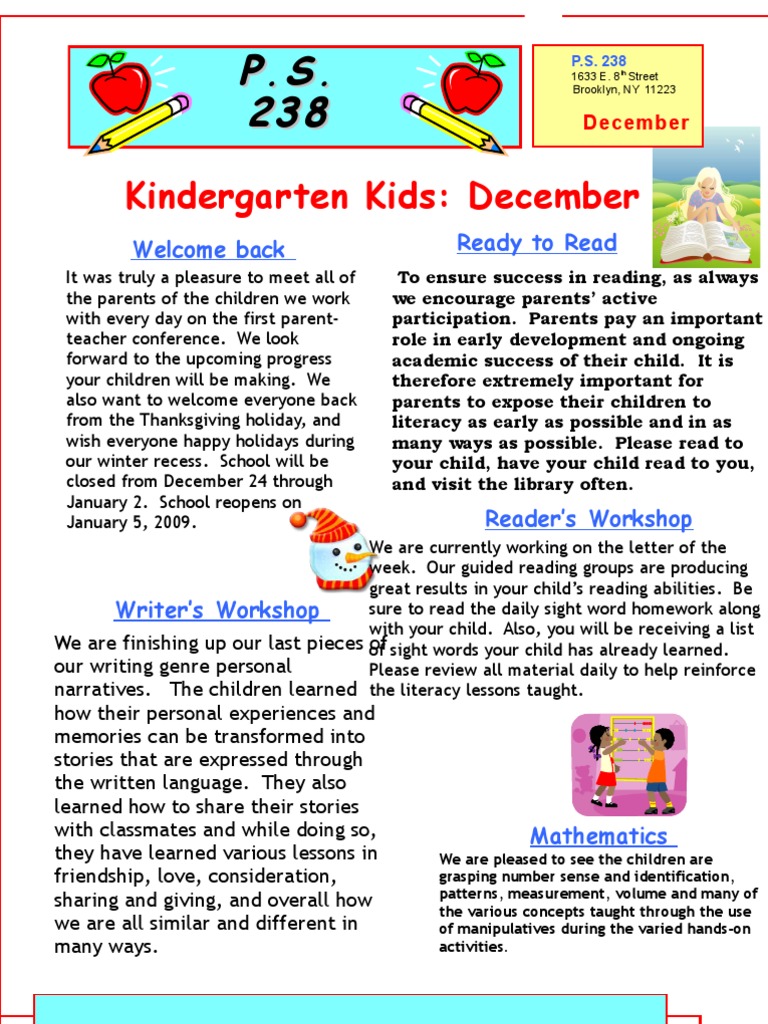 December Newsletter for Kindergarten Parents | PDF | Reading (Process ...