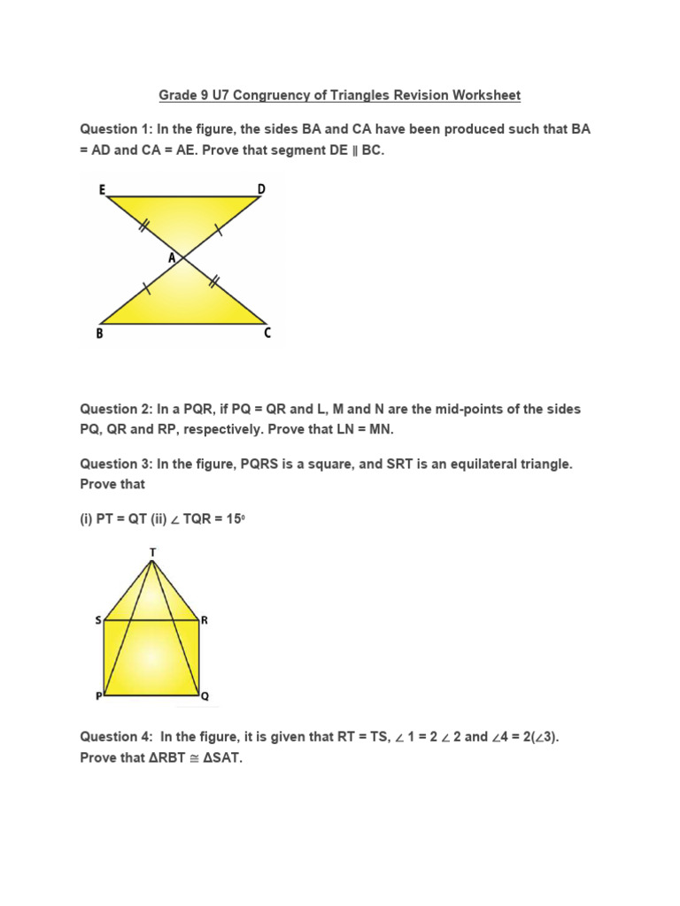 Grade 9 Triangle Congruence Worksheet | PDF | Triangle | Angle