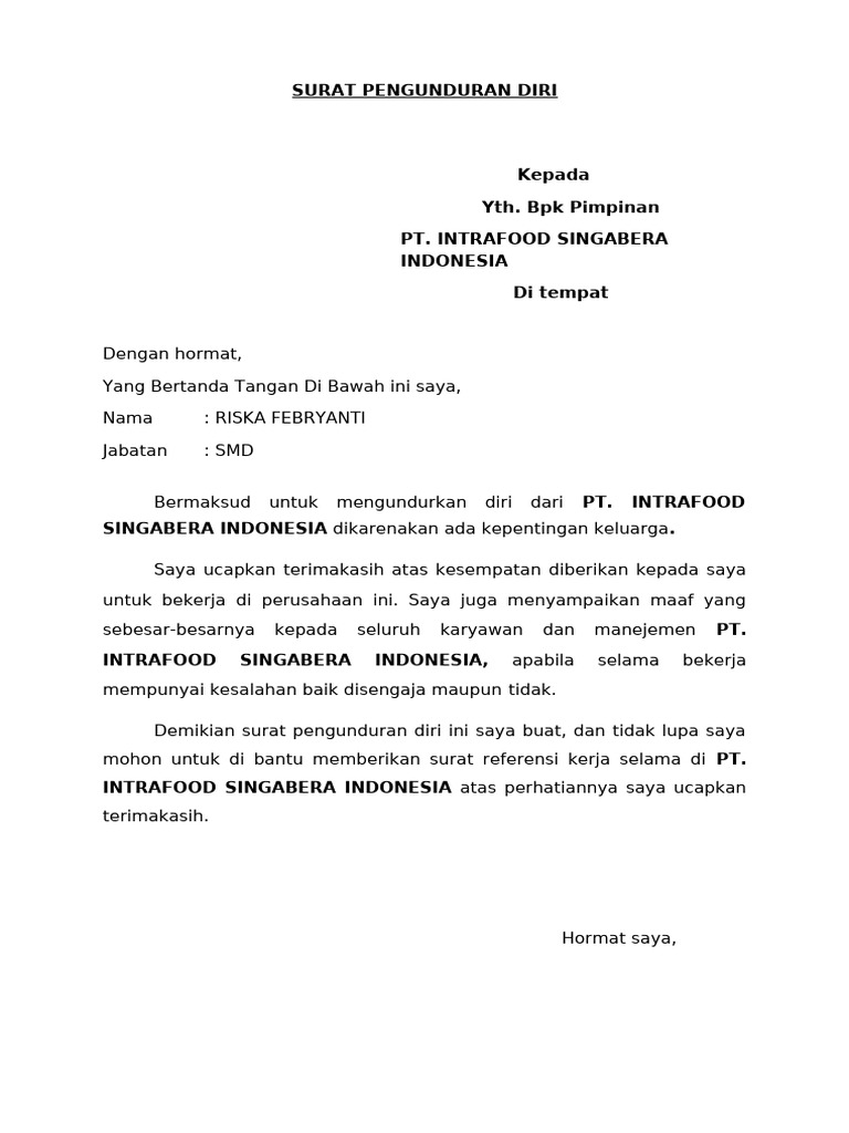 Surat Pengunduran Diri Riska Febryanti | PDF