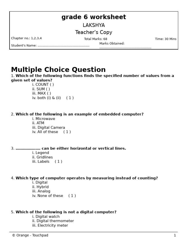 Grade 6 Term 1 Worksheet | PDF | Microsoft Excel | Chart
