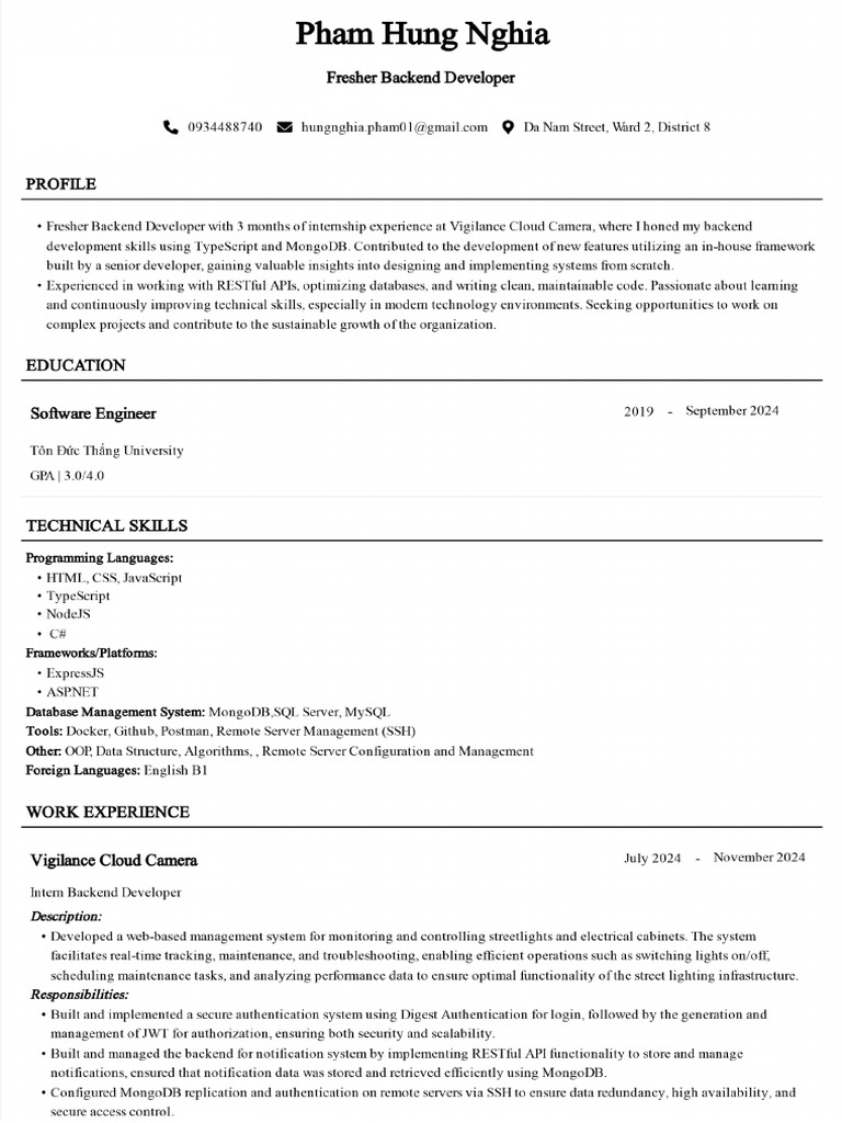 PhamHungNghia Fresher BackendDeveloper CV | PDF