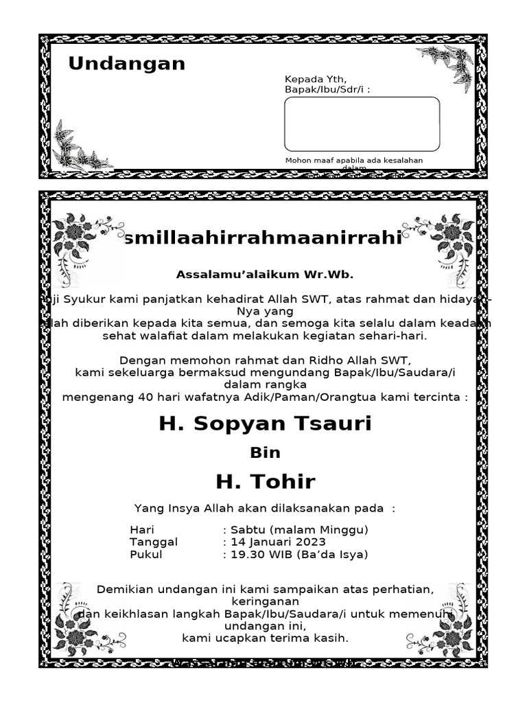 Undangan Tahlil 40 Hari Sofyan Tsauri | PDF