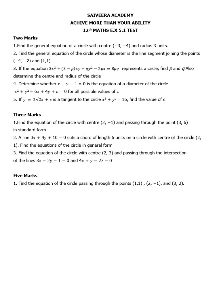 12th Grade Maths Circle and Conic Tests | PDF | Ellipse | Algebraic ...