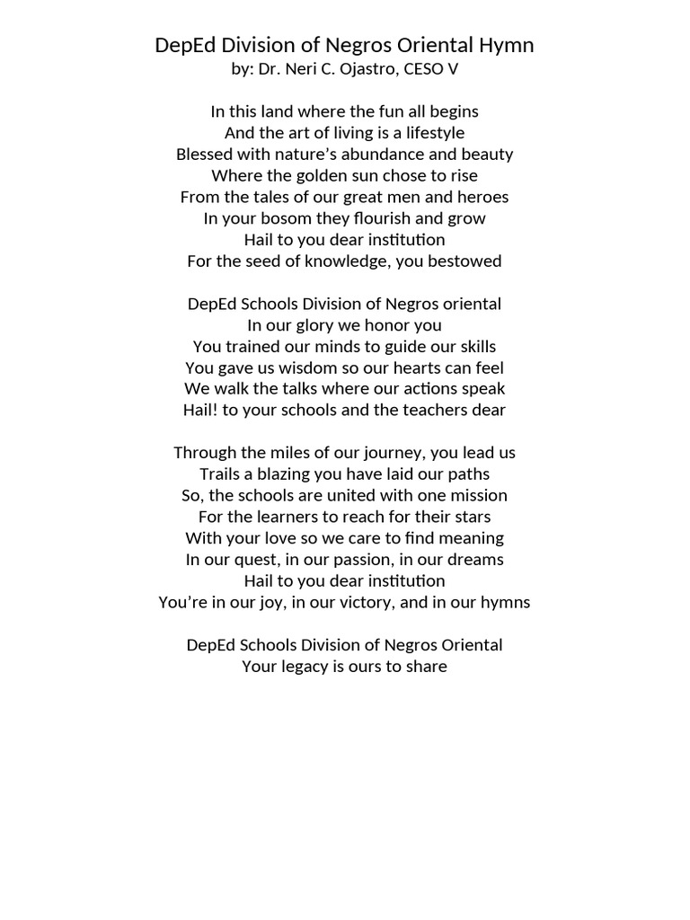 Negros Oriental Division Hymn Lyrics | PDF