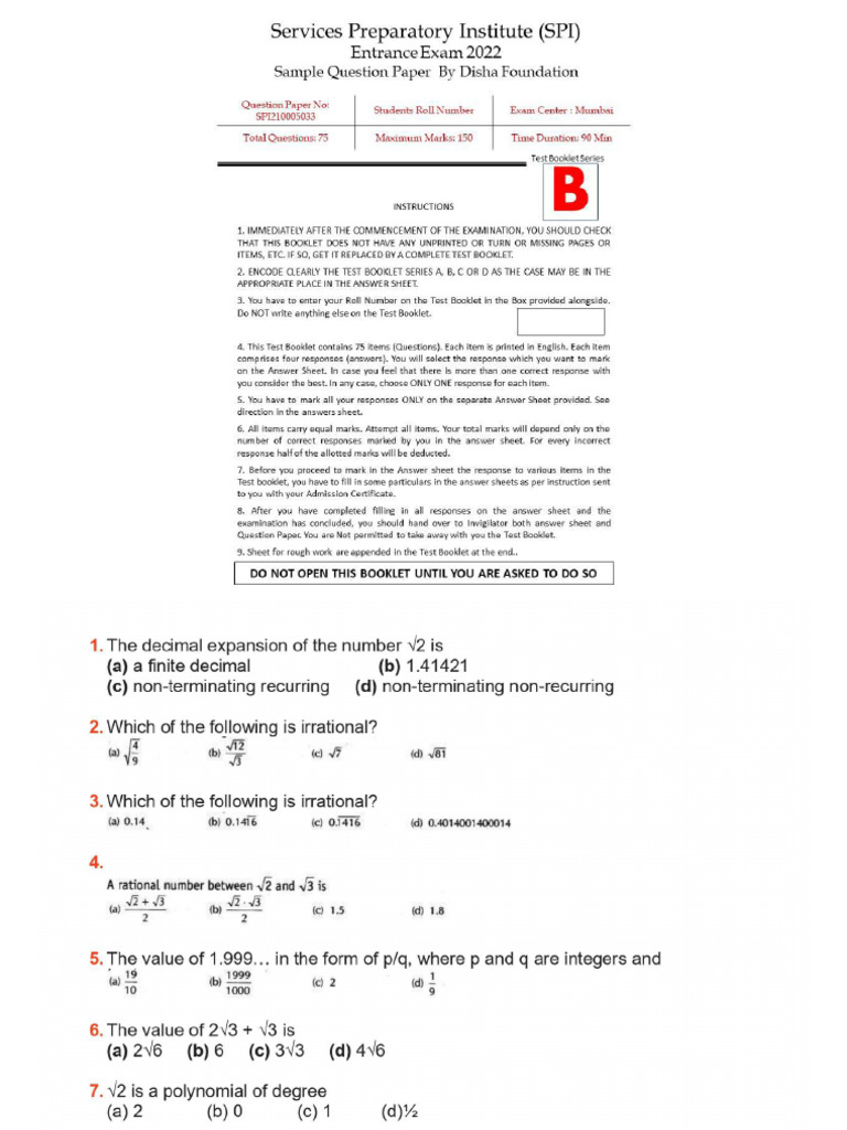 Spi2022 Math Sample Paper 2 | PDF