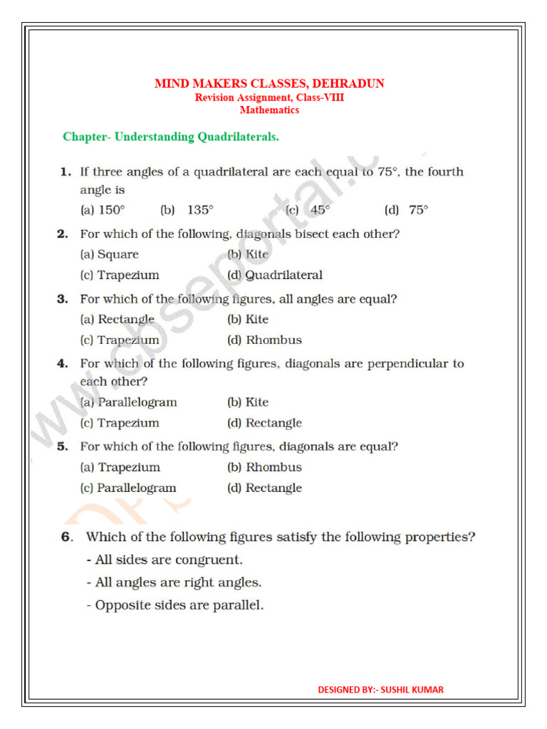 Class-8 Quadrilaterals NCERT Exampler (MIND) | PDF