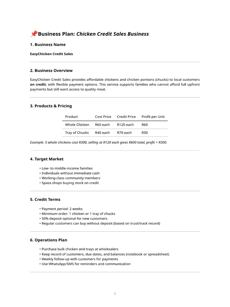 Chicken Credit Sales Business Plan | PDF | Credit | Finance & Money ...