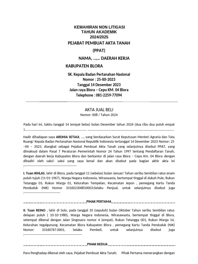 Akta Jual Beli Tanah Kabupaten Blora | PDF