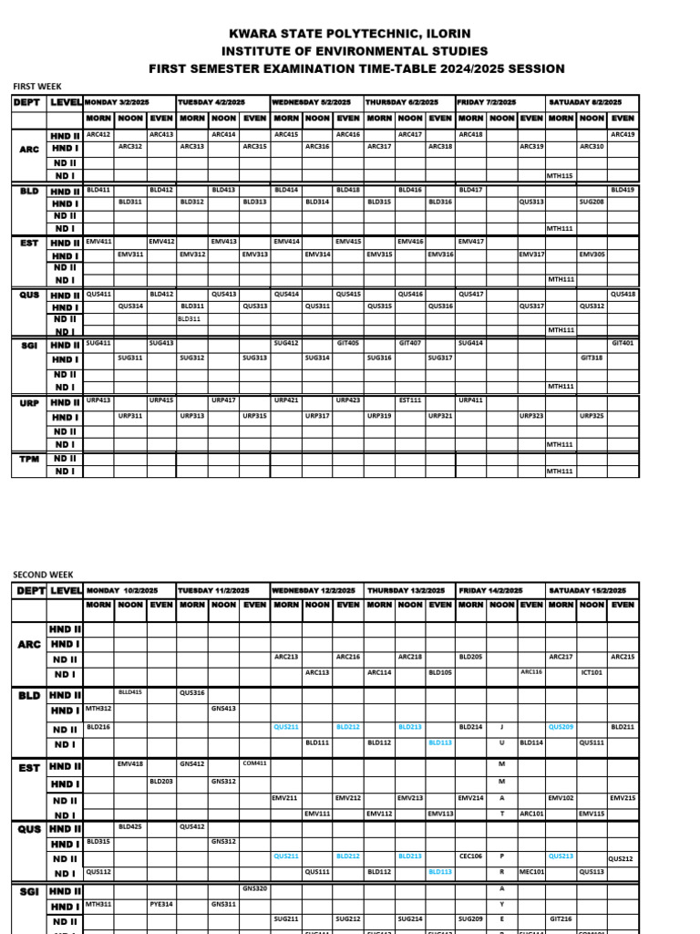 Ies New First Semester Timetable 20242025 Ammended | PDF | Higher Education | Educational Stages