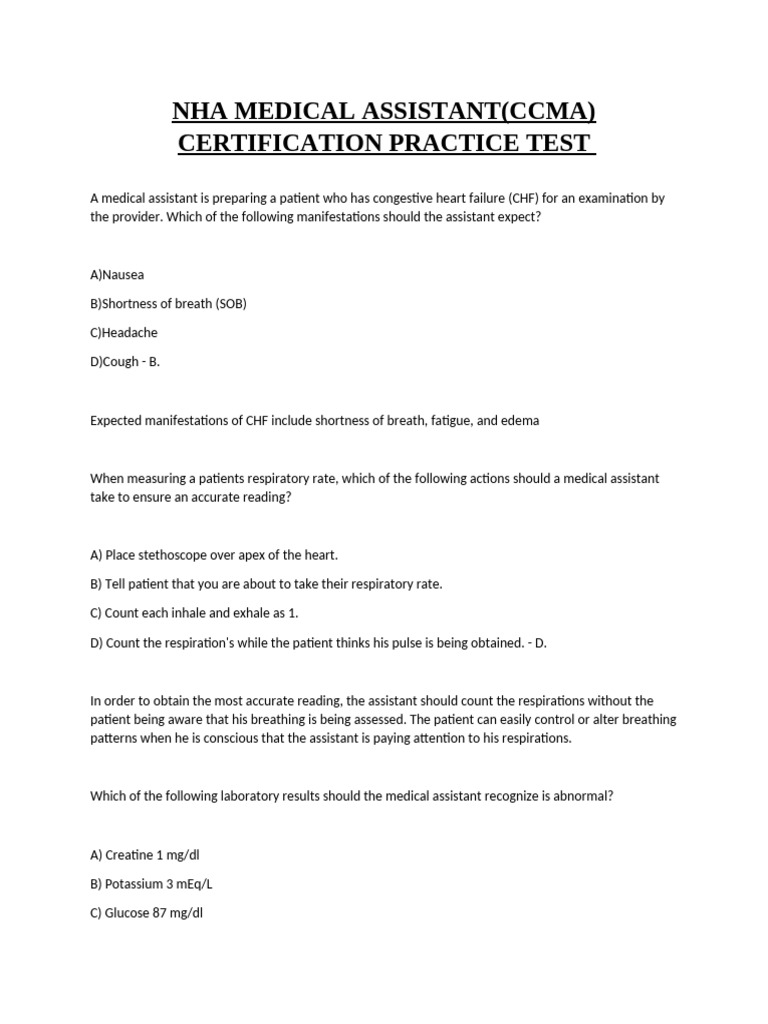 Nha Medical Assistant (Ccma) Certification Practice Test | PDF ...