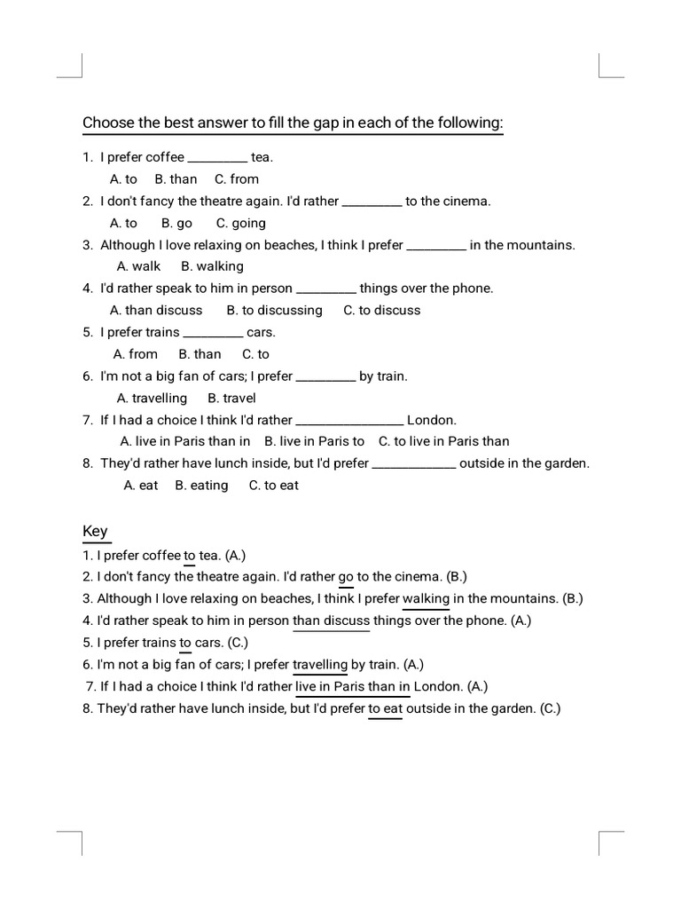 Exercises on 'Would Rather' and 'Prefer' | PDF