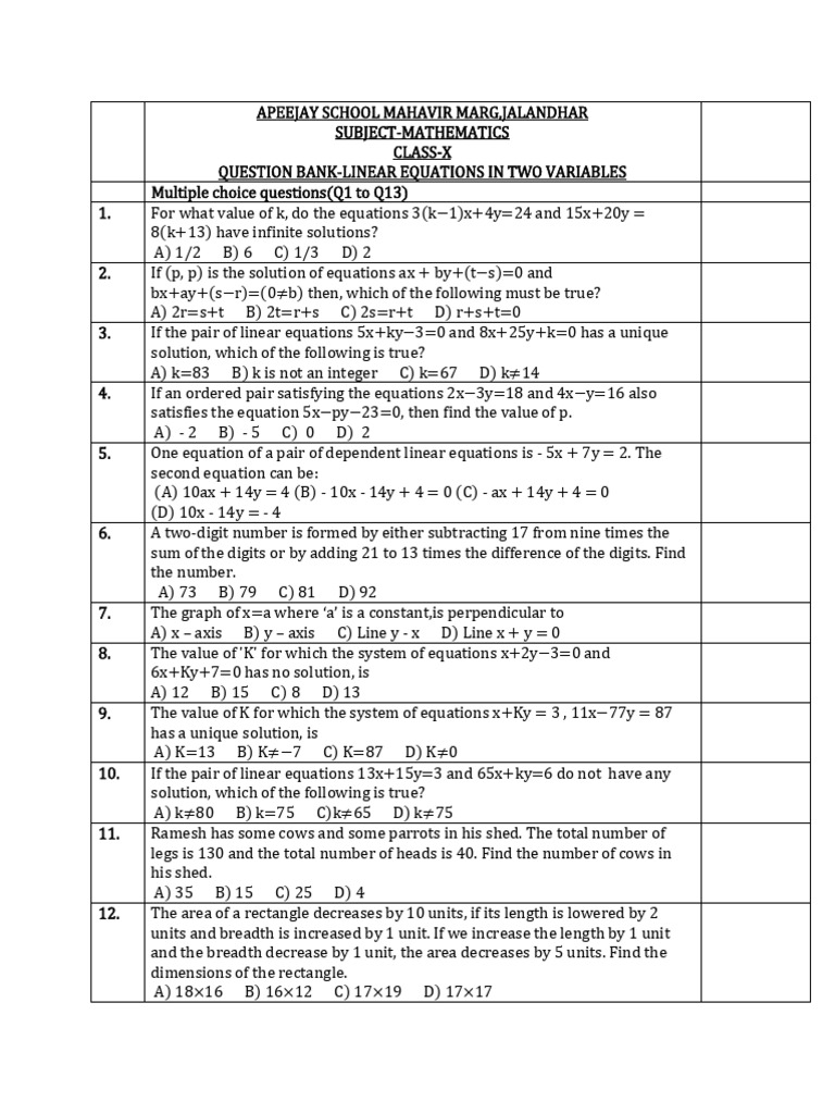 Class 10 Math Question Bank: Linear Equations | PDF | Equations | Length