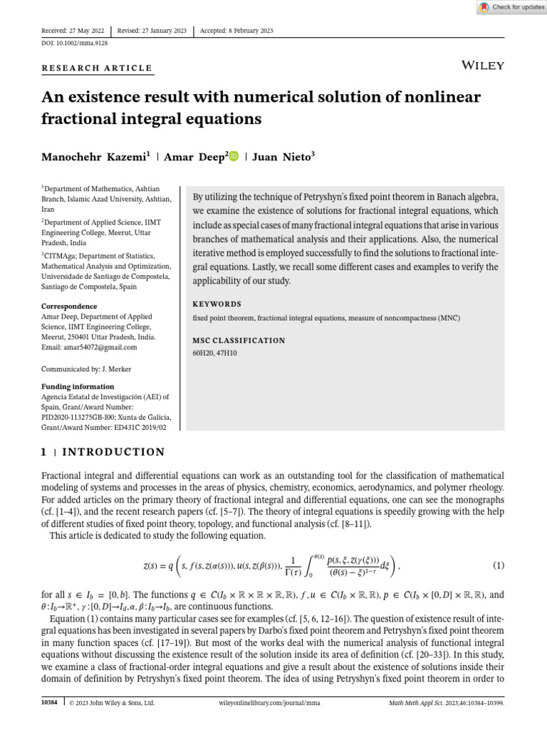 Math Methods in App Sciences - 2023 - Kazemi - An Existence Result With Numerical Solution of ...