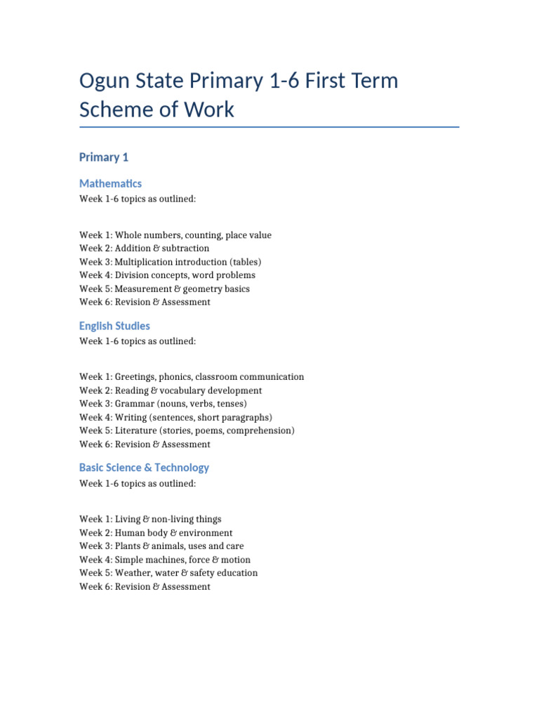Ogun State Primary 1-6 Term 1 Scheme | PDF | English Language | Phonics