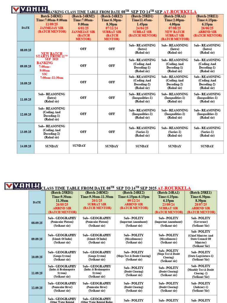 Banking Class Timetable: Sep 8-14, 2025 | PDF