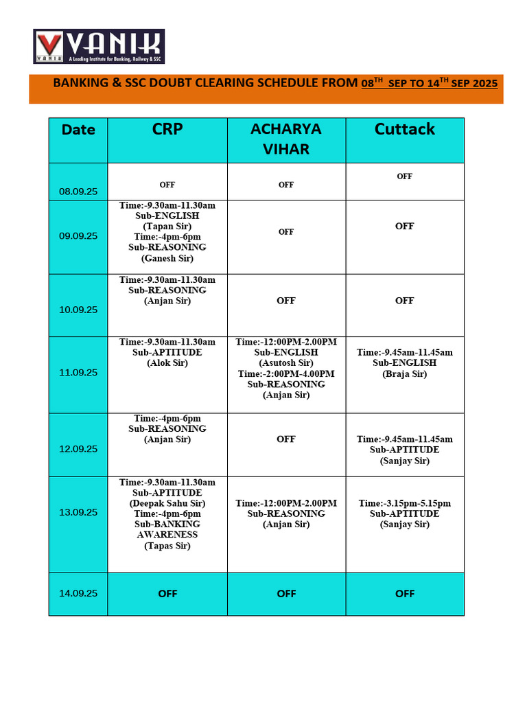 Doubt Clear Time Table 08th Sep - 14th Sep 2025 | PDF