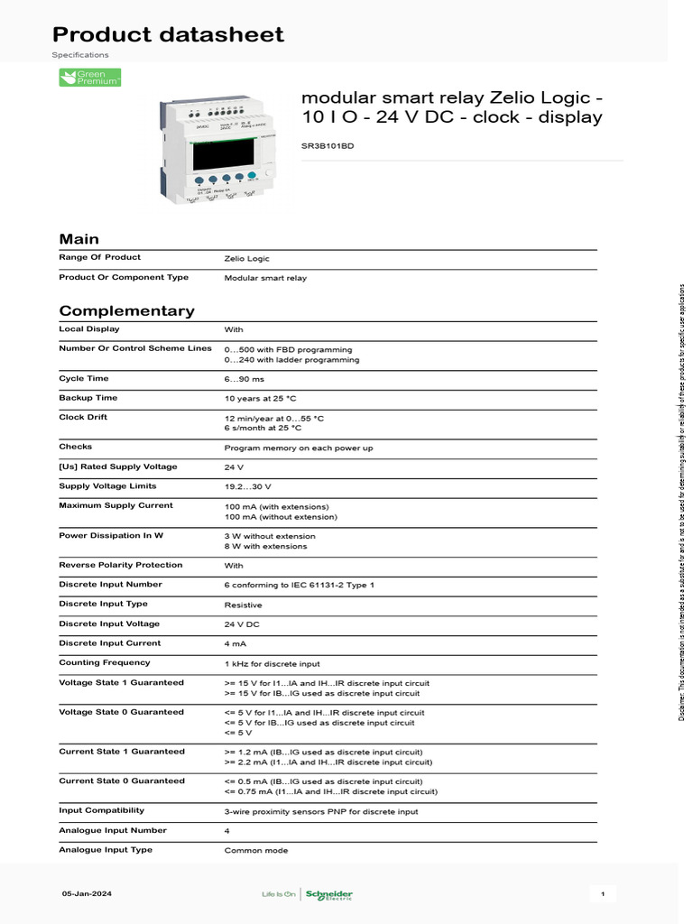 Schneider Electric - Smart-Relay-Zelio-Logic-SR2-SR3 - SR3B101BD | PDF | Relay | Electronic ...