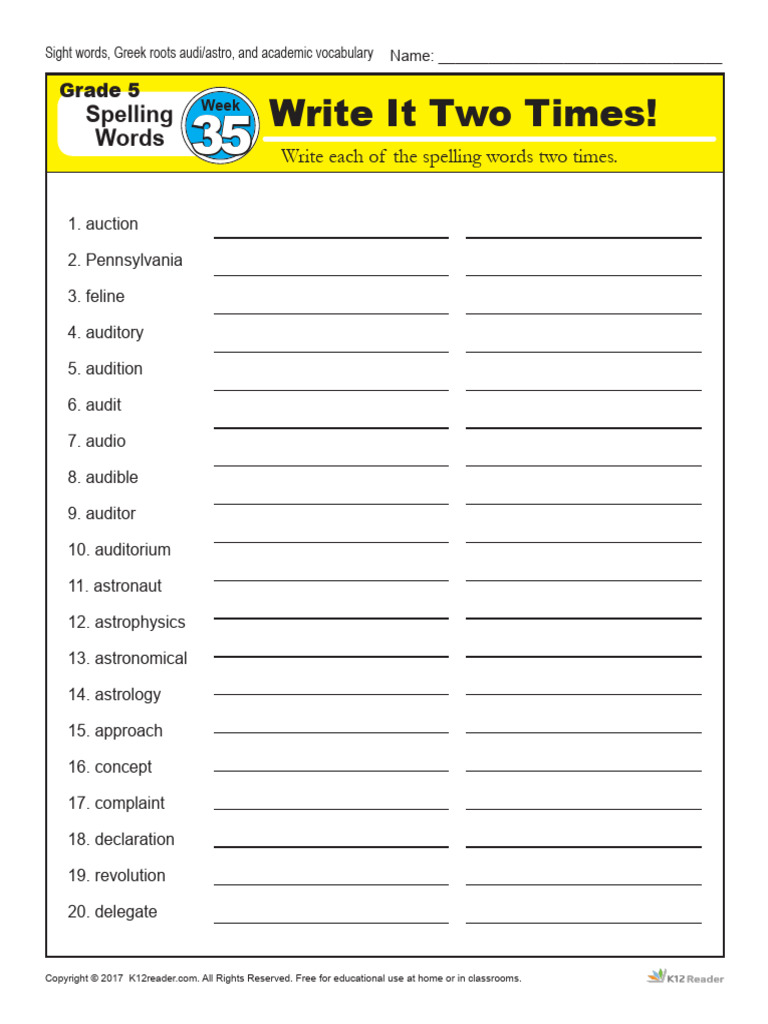 Grade 5 Spelling Words for Week 35 | PDF