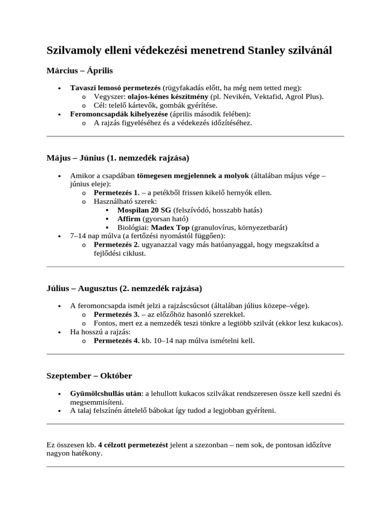 Szilvamoly Elleni Védekezési Menetrend Stanley Szilvánál | PDF