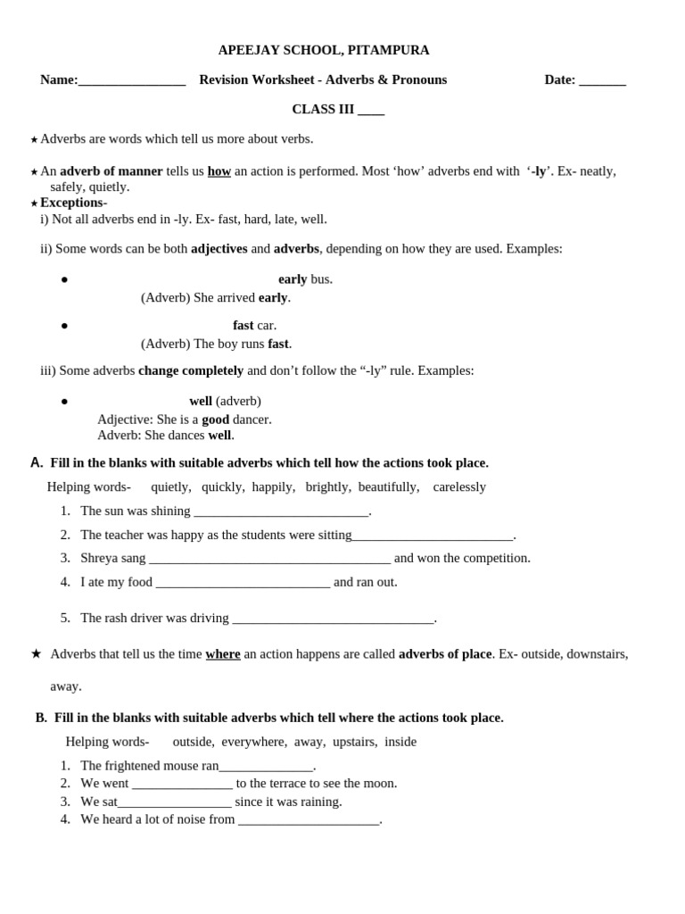 Adverbs and Pronouns Revision Worksheet | PDF | Adverb | Adjective