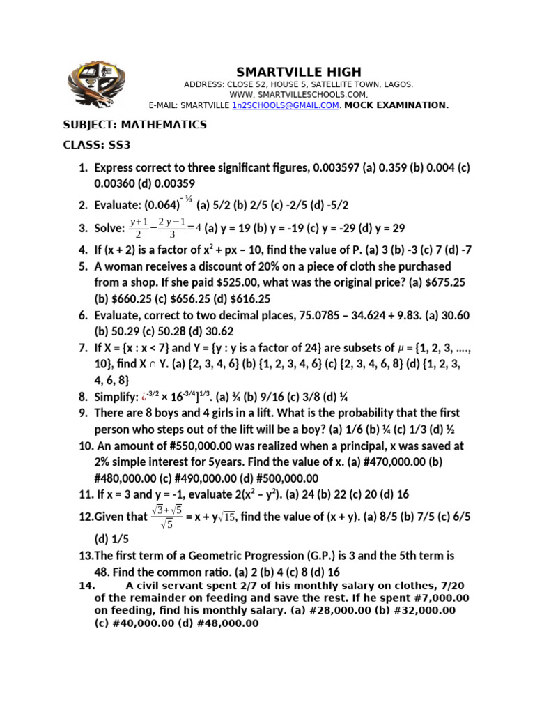 SS3 Mathematics Mock Examination | PDF | Chess Theory | Chess