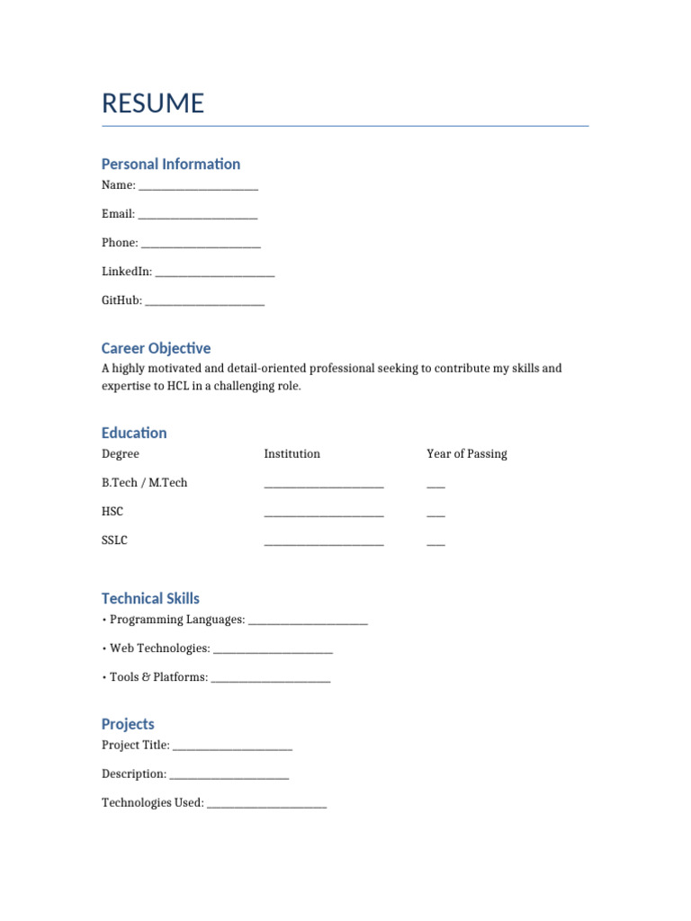 HCL Resume Format | PDF