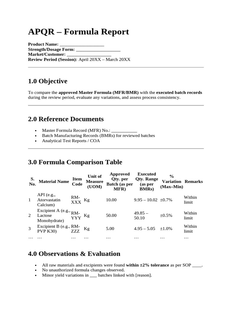 APQR Formula Consistency Report | PDF
