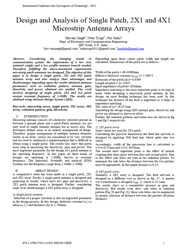 Design and Analysis of Single Patch 21 and 41 Microstrip Antenna Arrays ...
