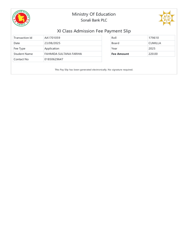 XI Class Admission Fee Payment Slip | PDF