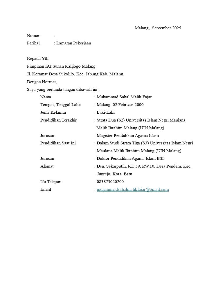 CV Muhammad Sahal Malik Fajar IAI Sunan Kalijogo (1) | PDF