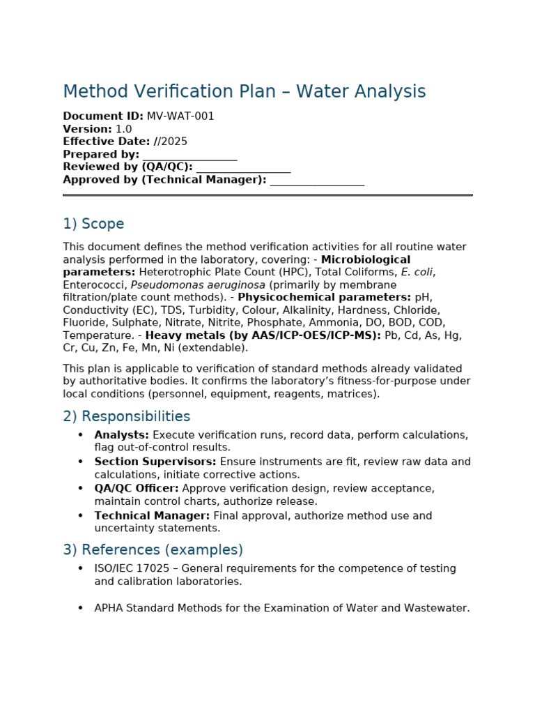 Water Analysis Method Verification Plan | PDF | Detection Limit | Chemistry