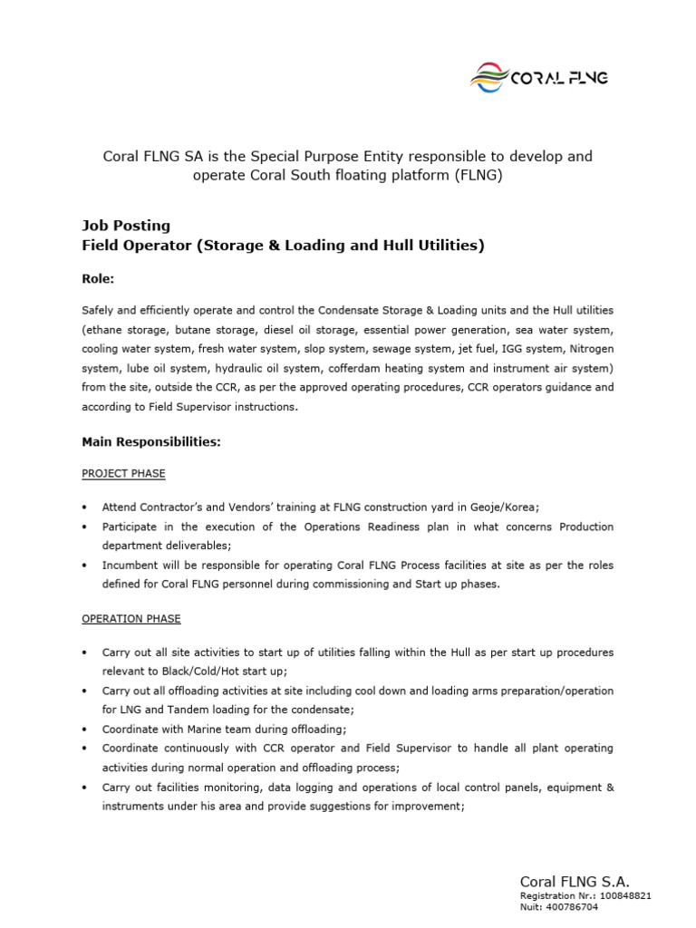 Field Operator Job at Coral FLNG | PDF