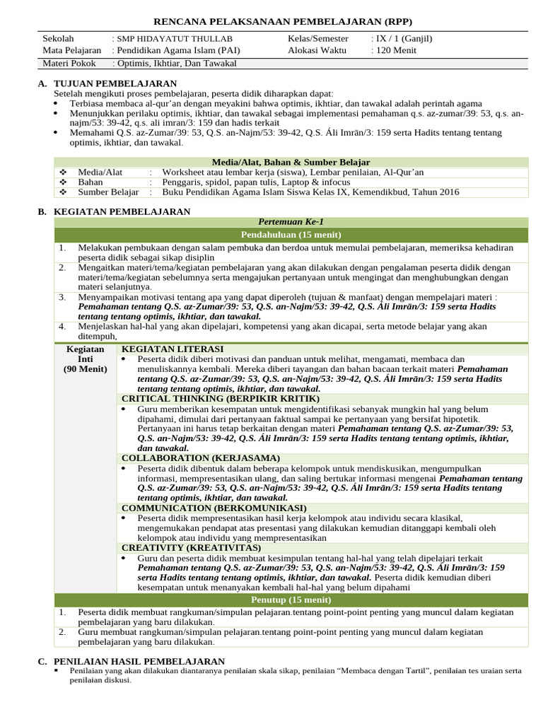 RPP PAI Kelas 9 SM 1 | PDF